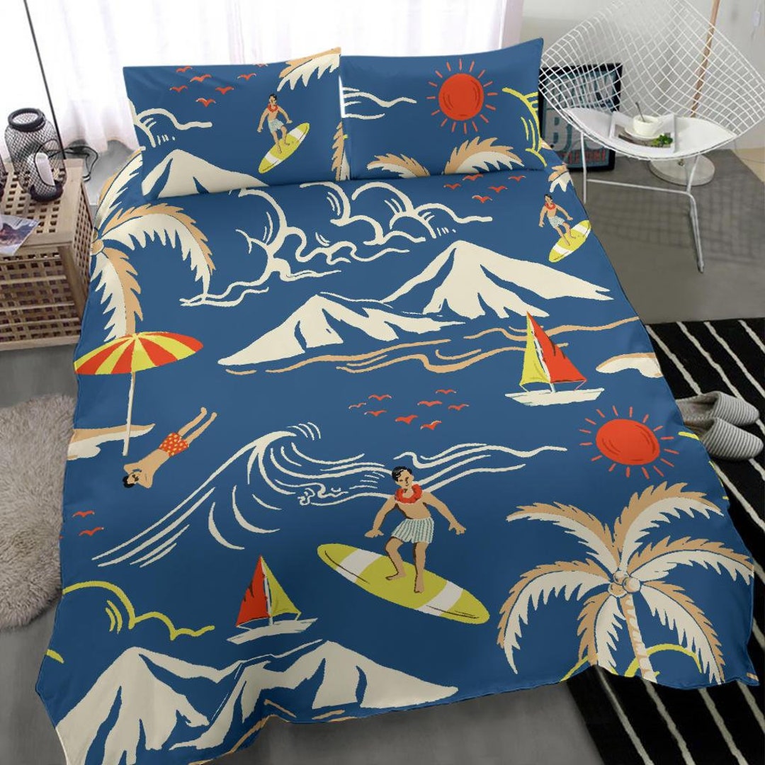Cool Blue Tropical Island Bedding Set Cover, California Surfer Vibe ...