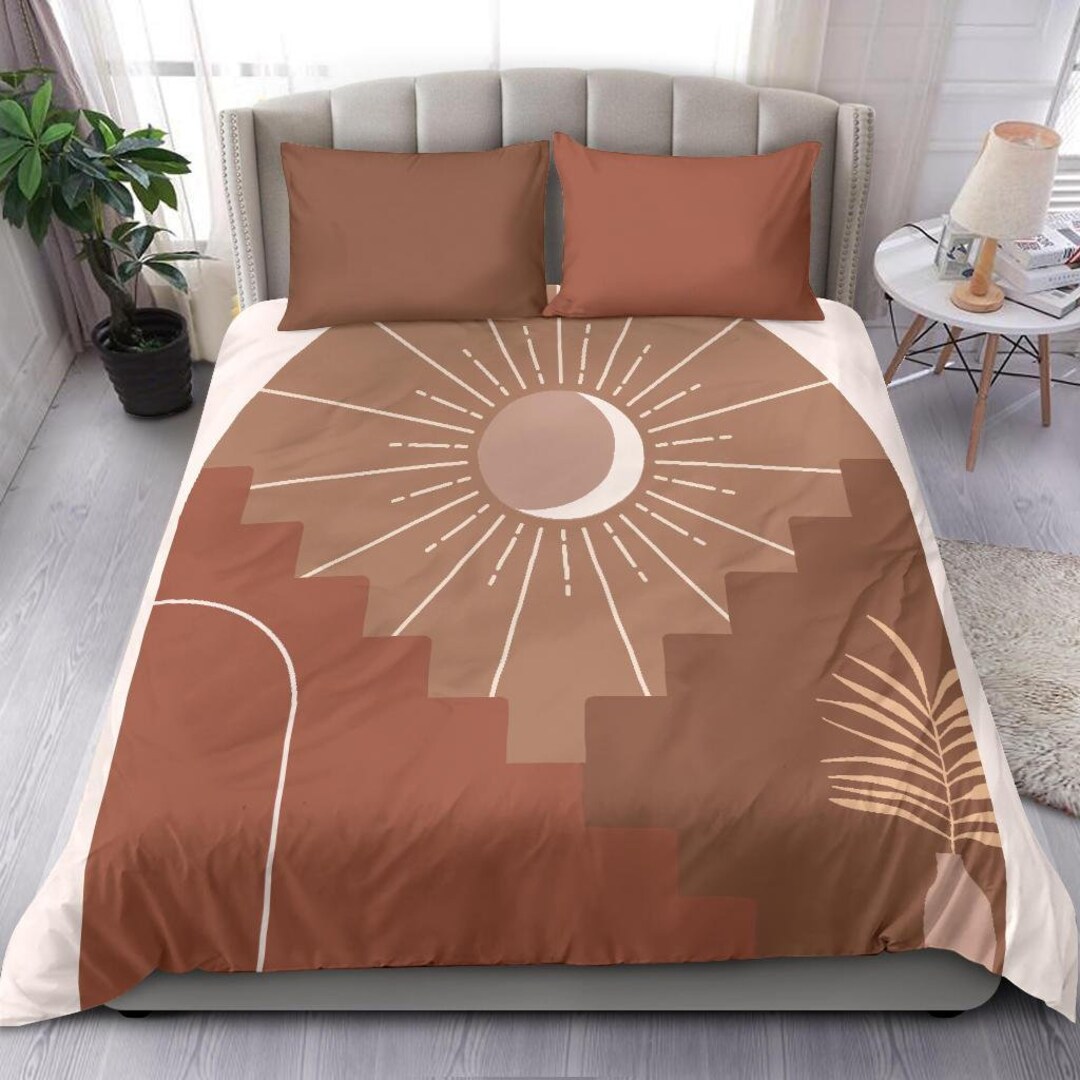Geometric Sunset Bedding Set: Modern Brown & Orange Duvet Cover - Etsy ...