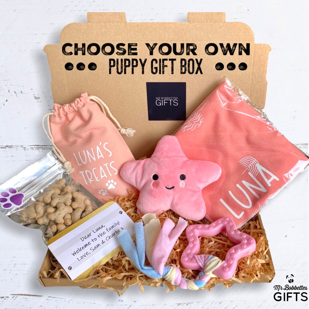 Personalised Puppy Letterbox Gift Box, Bandana, Treat Bag, Treats ...