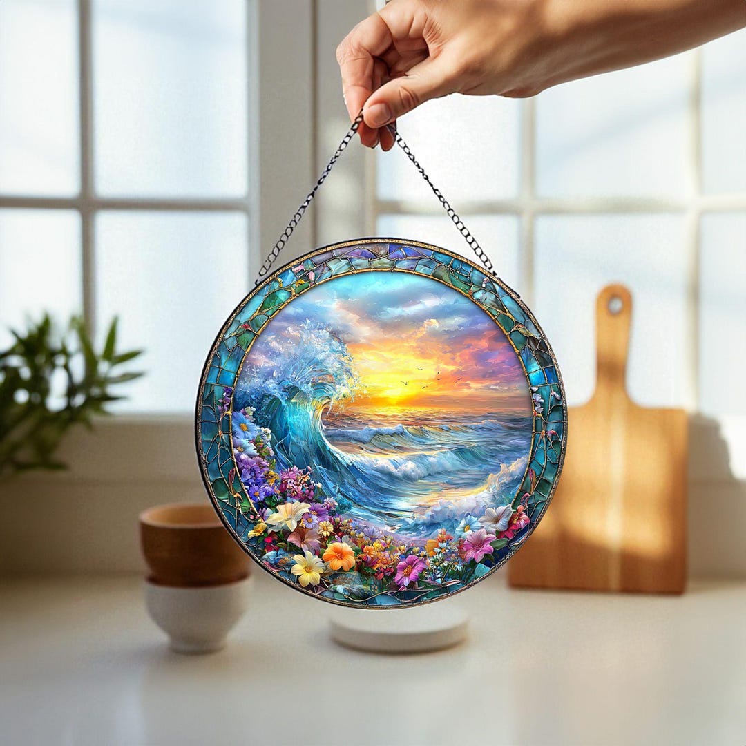 Ocean Waves Painted Stained Glass Suncatcher, Window Hanging Decor ...