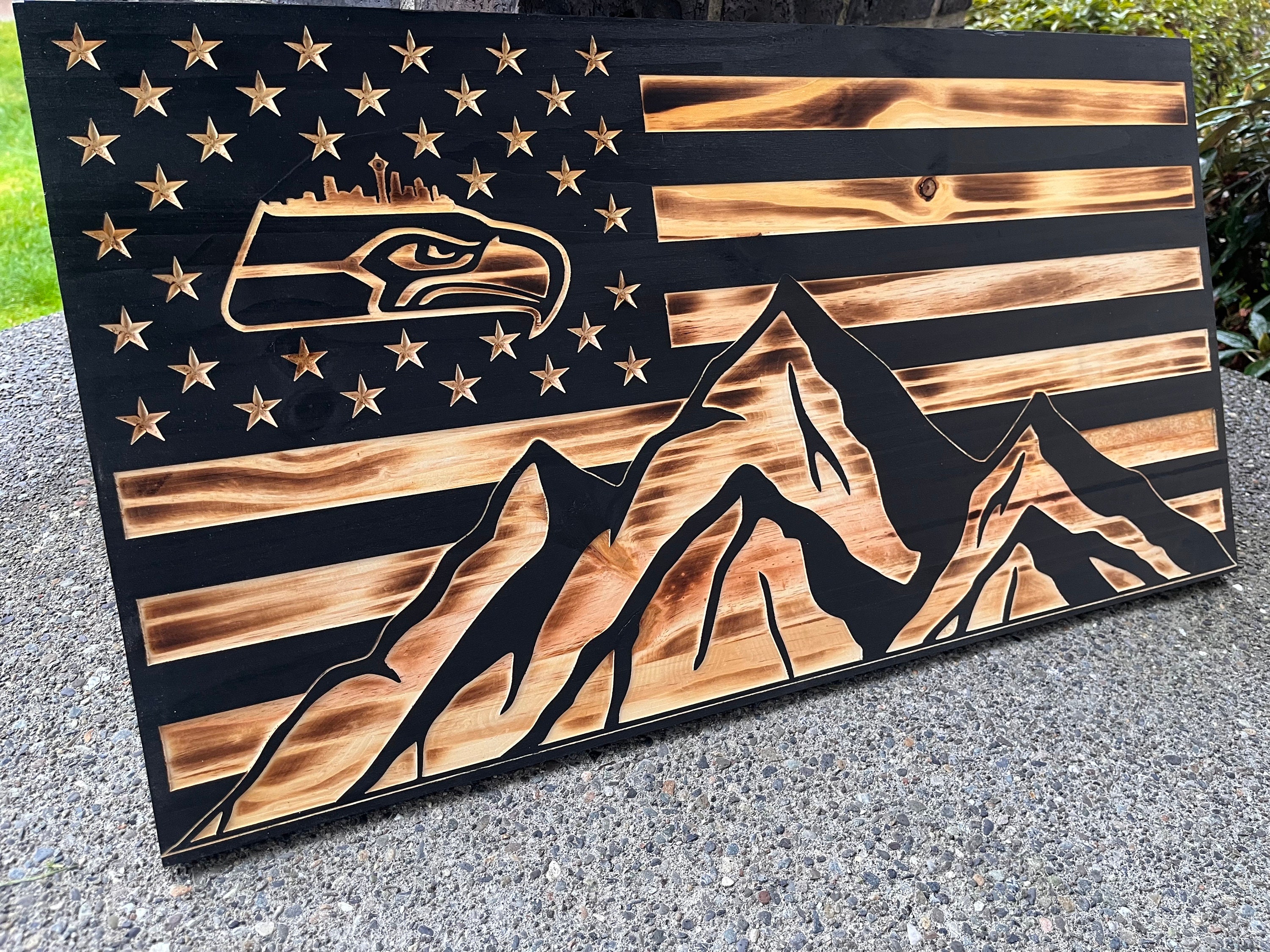 Handcrafted Seahawks American Flag, Rustic Pine Wood Wall Art (30"x16 ...