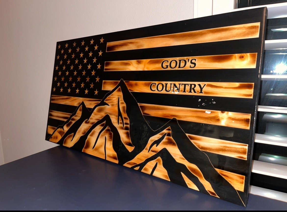 Epoxy Coated American Flag With Mountains , Mountain Range Art, Rustic ...