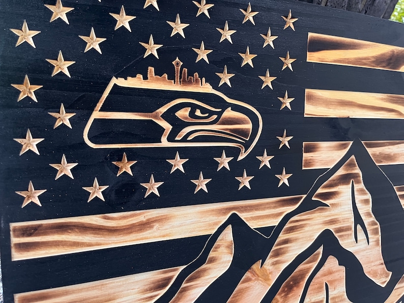 Handcrafted Seahawks American Flag, Rustic Pine Wood Wall Art (30"x16 ...