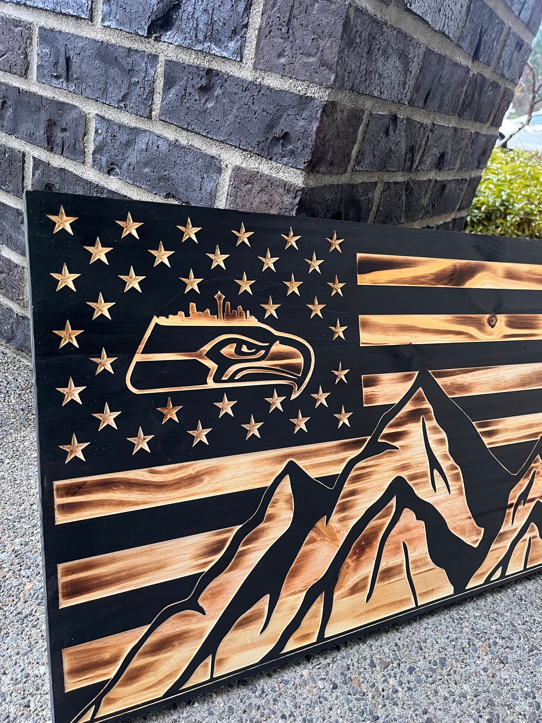 Handcrafted Seahawks American Flag, Rustic Pine Wood Wall Art - Etsy