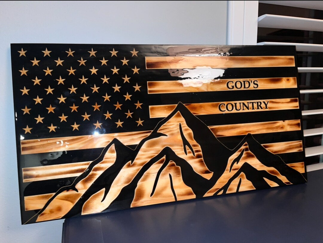 Epoxy Coated American Flag With Mountains, Rustic Wood Wall Art (16"x30 ...