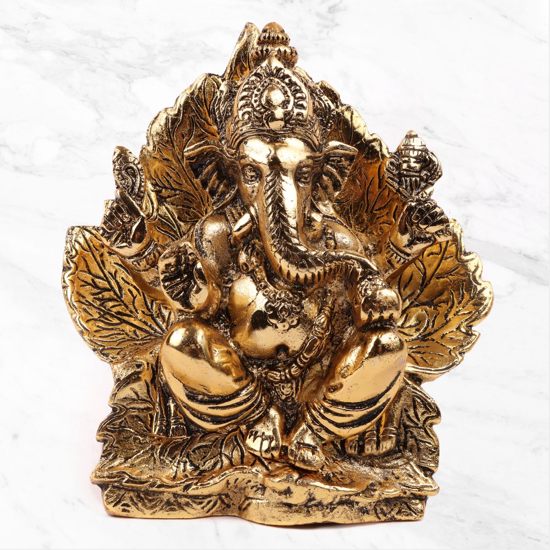 Myga Lord Ganesha Gold Statue - Handmade Religious Metal Ornament for ...