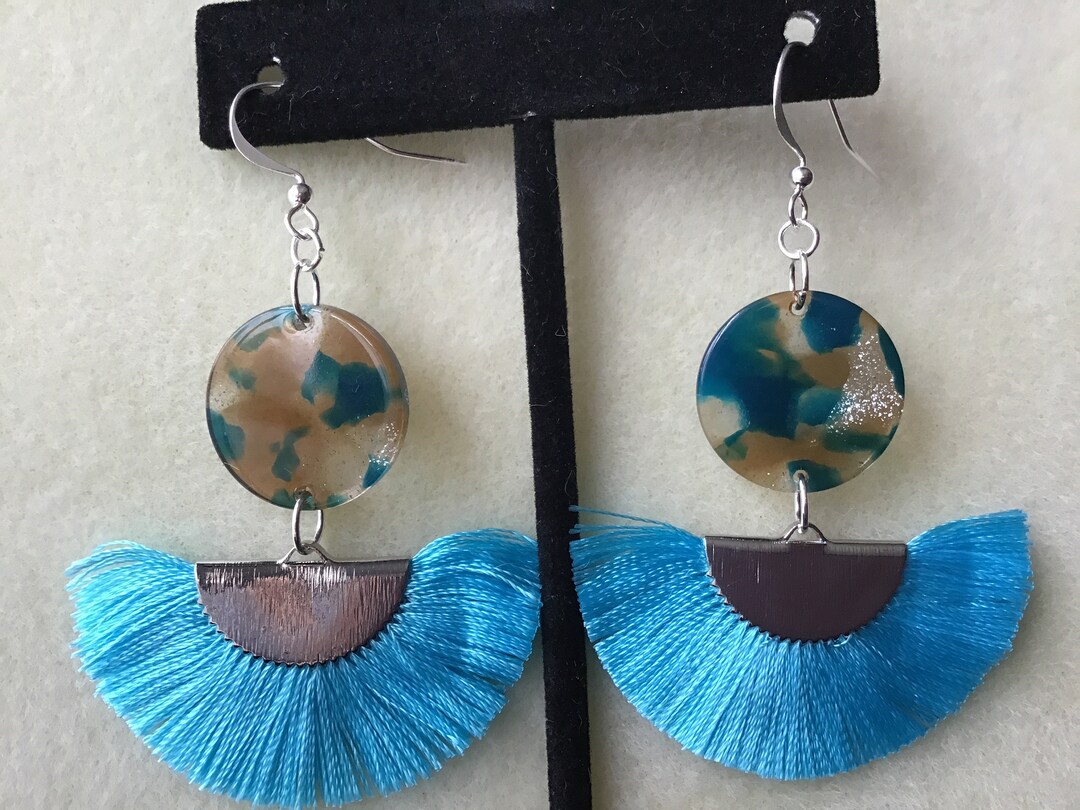 Turquoise Half Circle Fan With Silver Top Dangles From Round Blue ...