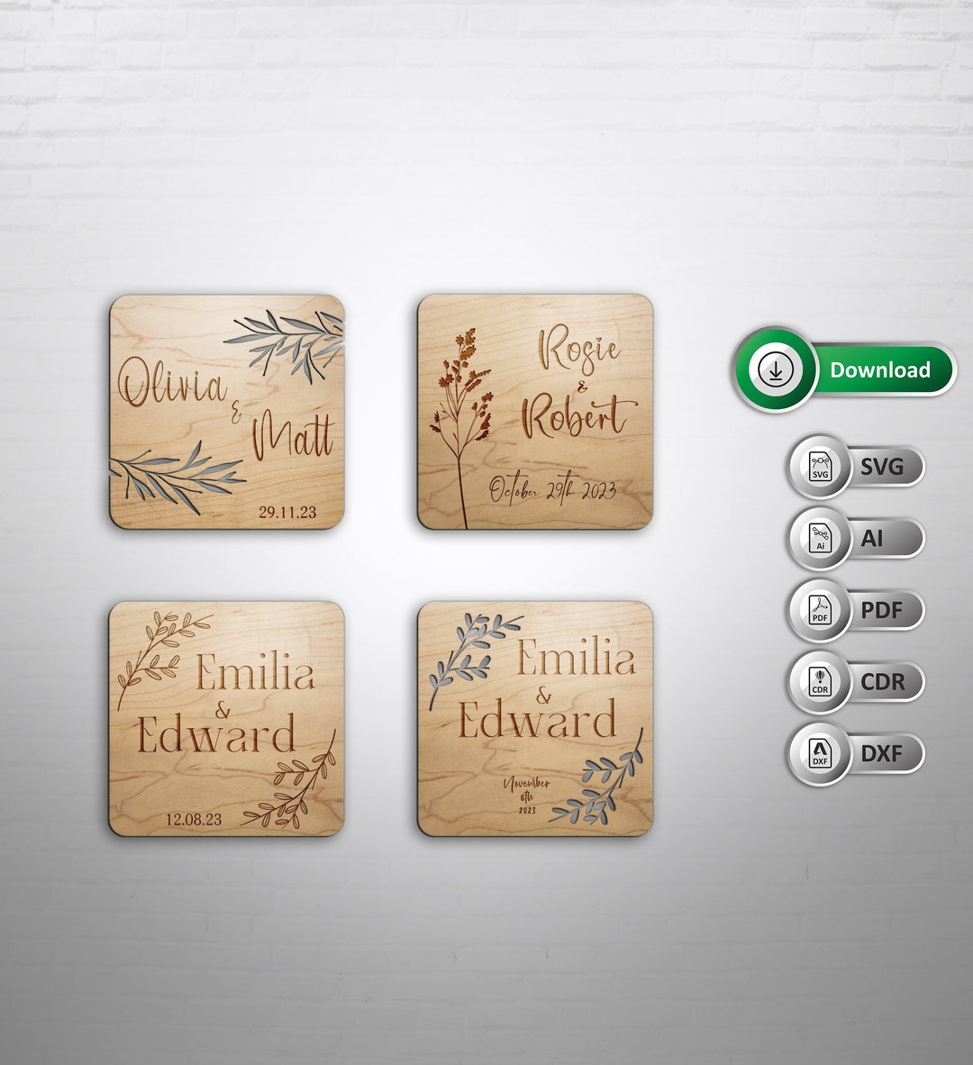 Wedding Coasters SVG, Wedding Favors SVG, Coasters Laser Cut, Wooden ...