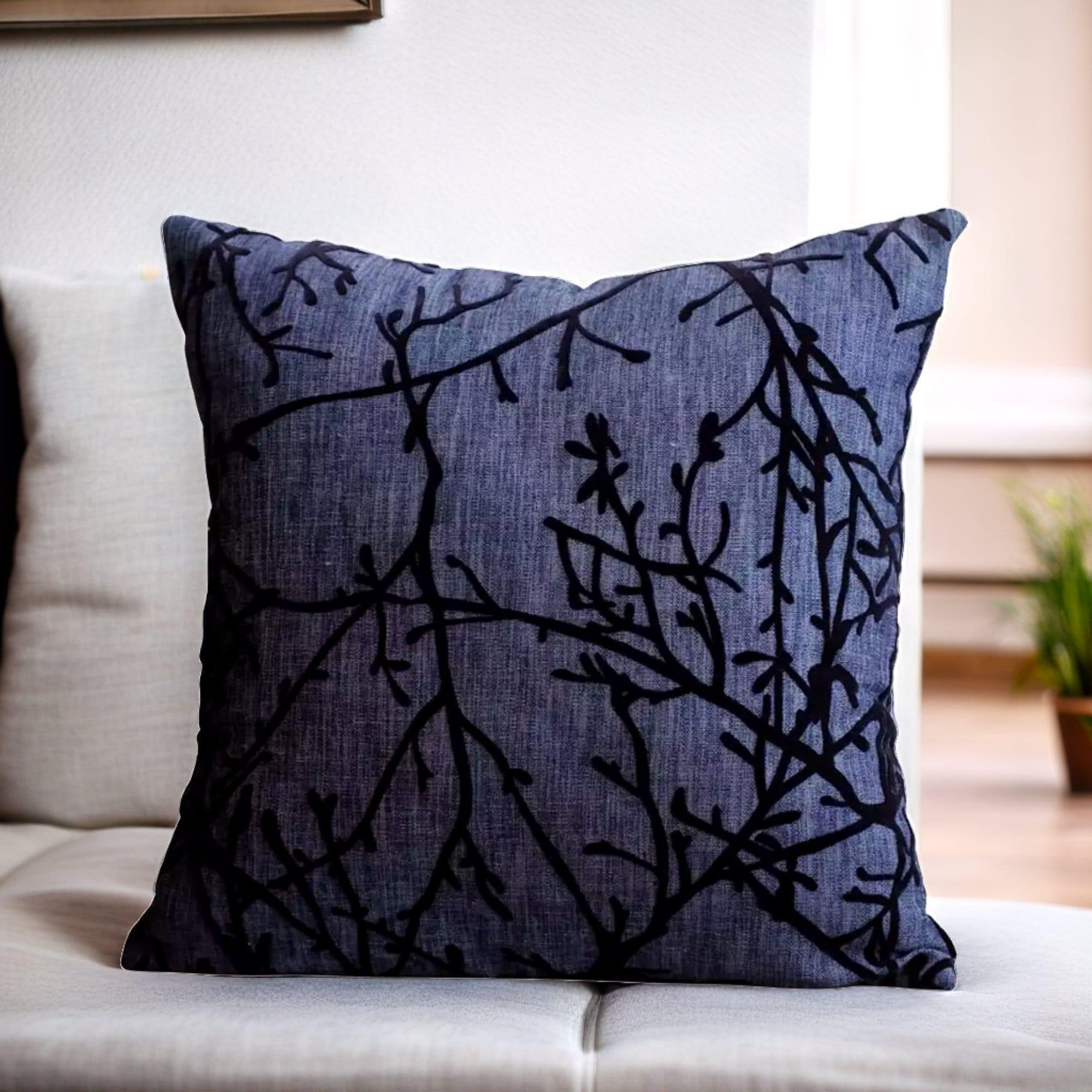 Navy Blue Textured Pillow Cover With Velvet Branch Pattern, Modern ...