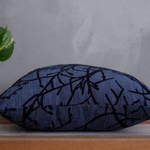 Navy Blue Textured Pillow Cover With Velvet Branch Pattern, Modern ...