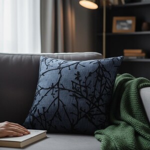 Navy Blue Textured Pillow Cover With Velvet Branch Pattern, Modern ...