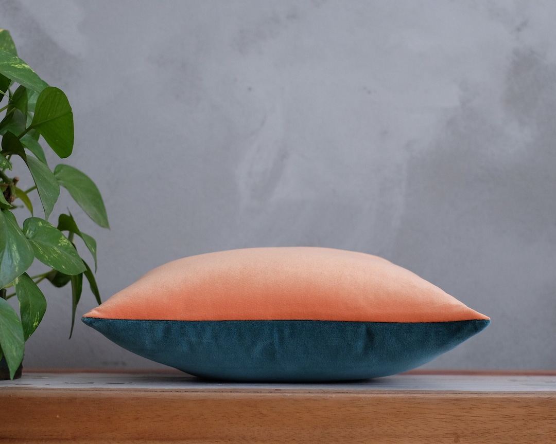 Salmon Velvet Pillow Cover, Coral Teal Pillow, Pink Teal Cushion Covers ...