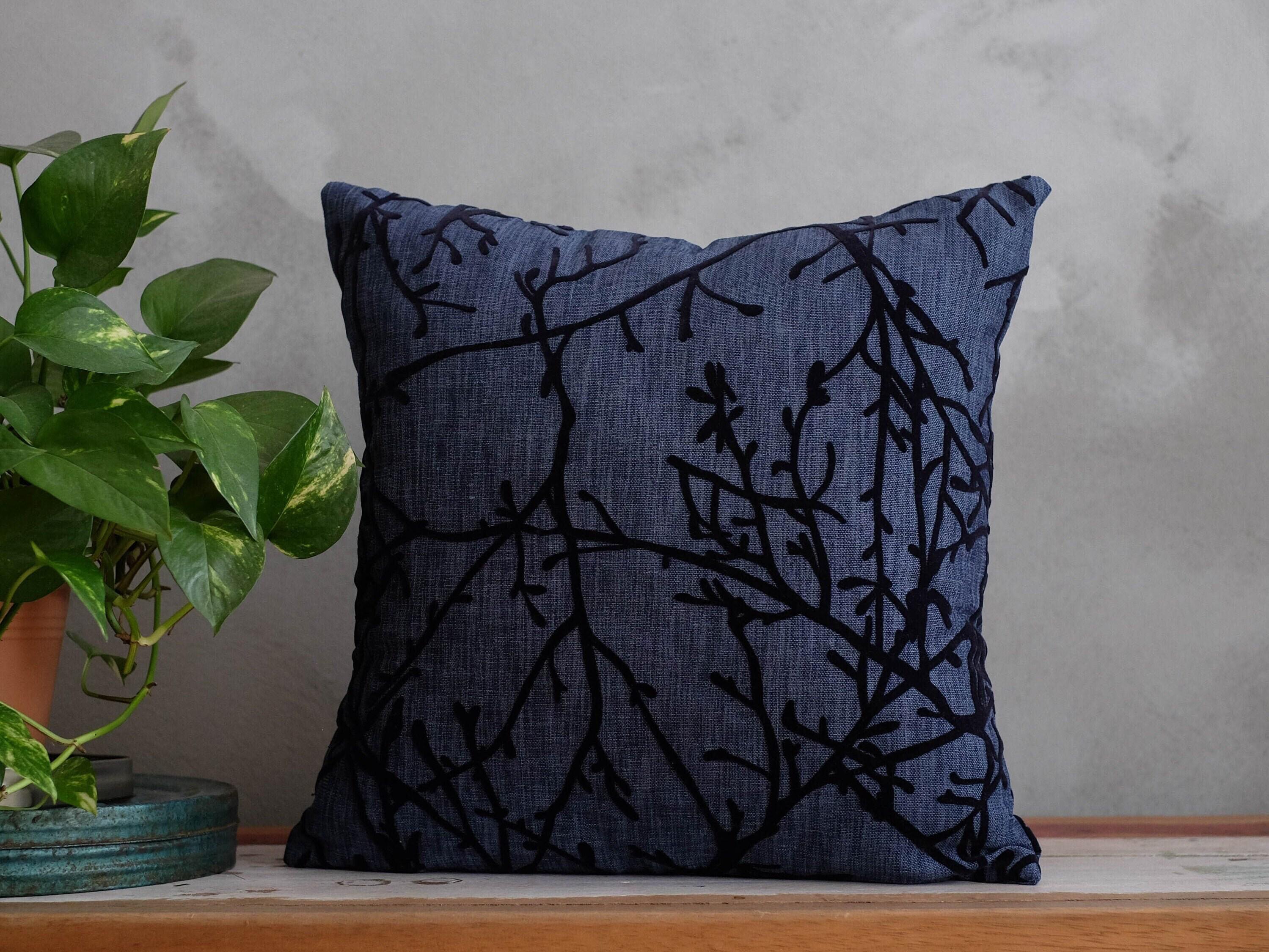 Navy Blue Textured Pillow Cover With Velvet Branch Pattern, Modern ...