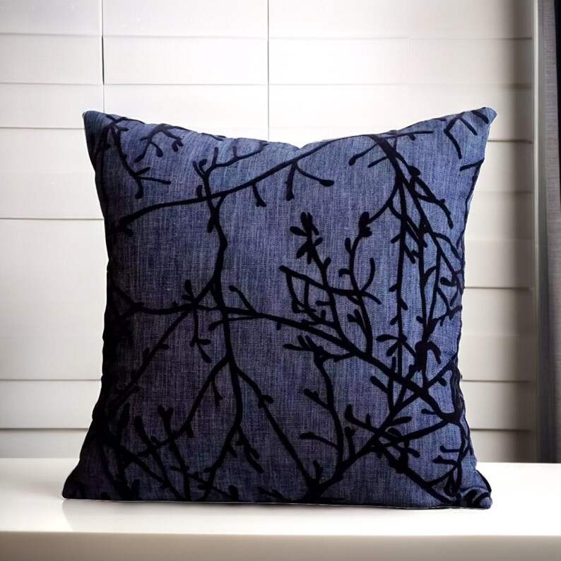 Navy Blue Textured Pillow Cover With Velvet Branch Pattern, Modern ...