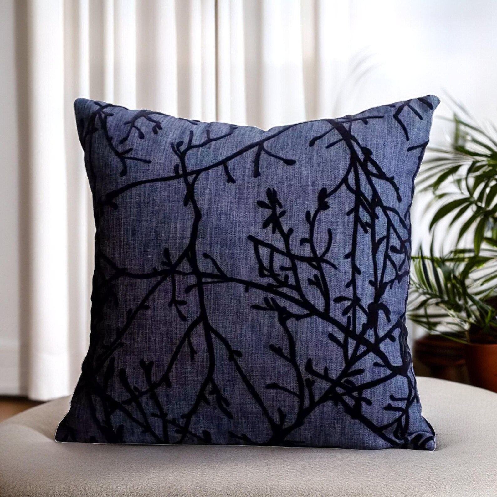 Navy Blue Textured Pillow Cover With Velvet Branch Pattern, Modern ...