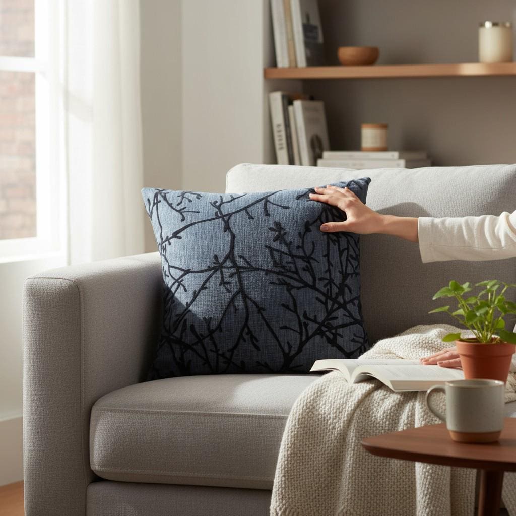 Navy Blue Textured Pillow Cover With Velvet Branch Pattern, Modern ...