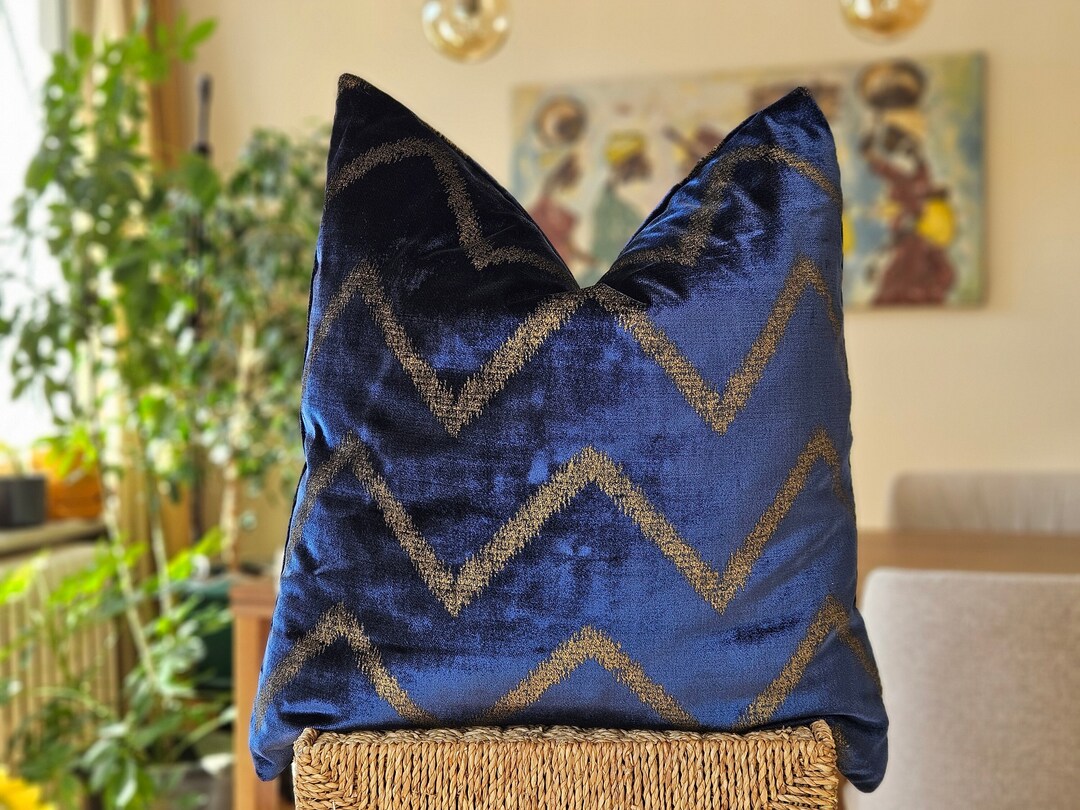 Dark Blue Velvet Pillow, Navy Throw Pillow, Gold Zigzag Cushion, Dark ...