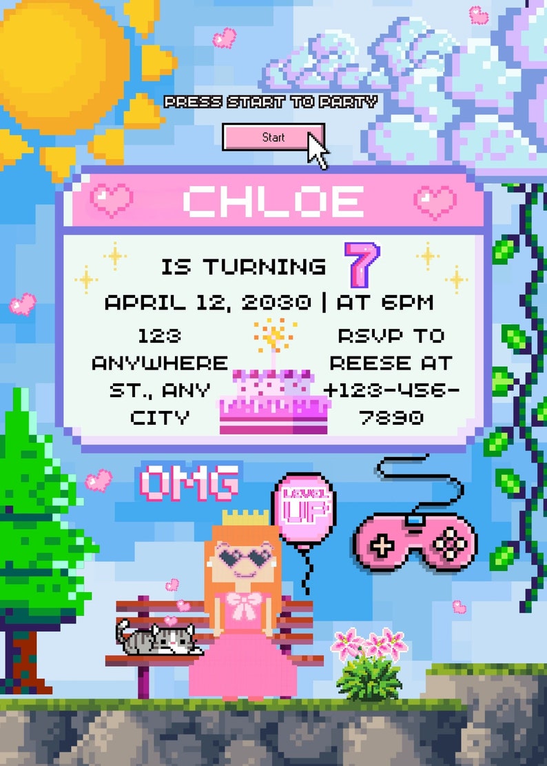 Custom Pixel Art Birthday Invitation Digital File Retro Gaming Princess ...