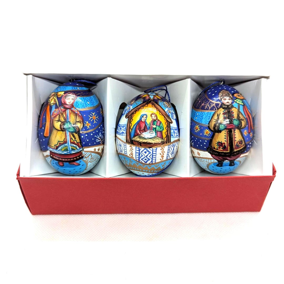 Hand Painted Wooden Egg Christmas Ornaments Set – Nativity Scene, Holy ...