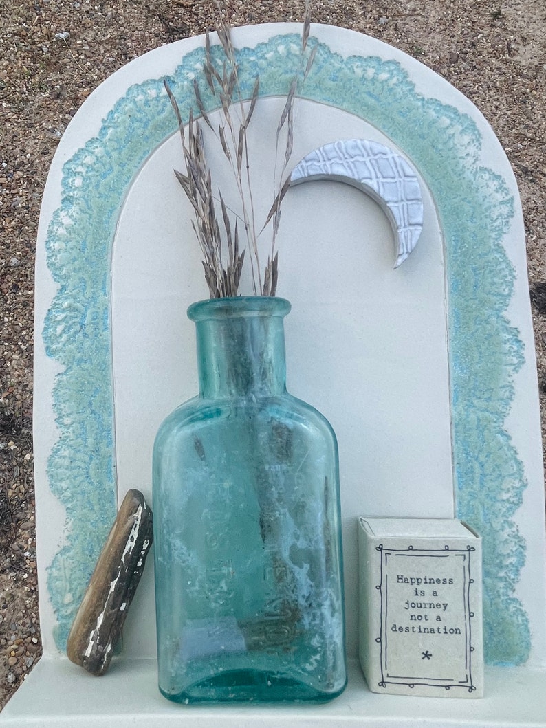 Wall Altar, Arched Ceramic Shelf, Antique Lace Texture, Aqua Glaze - Etsy