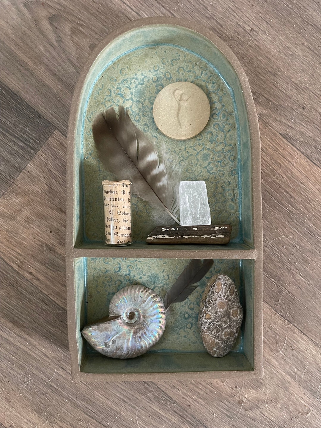 Wall Altar, Arched Ceramic Wall Art, Tokens Shelf, Blue-green Glaze, 2 ...