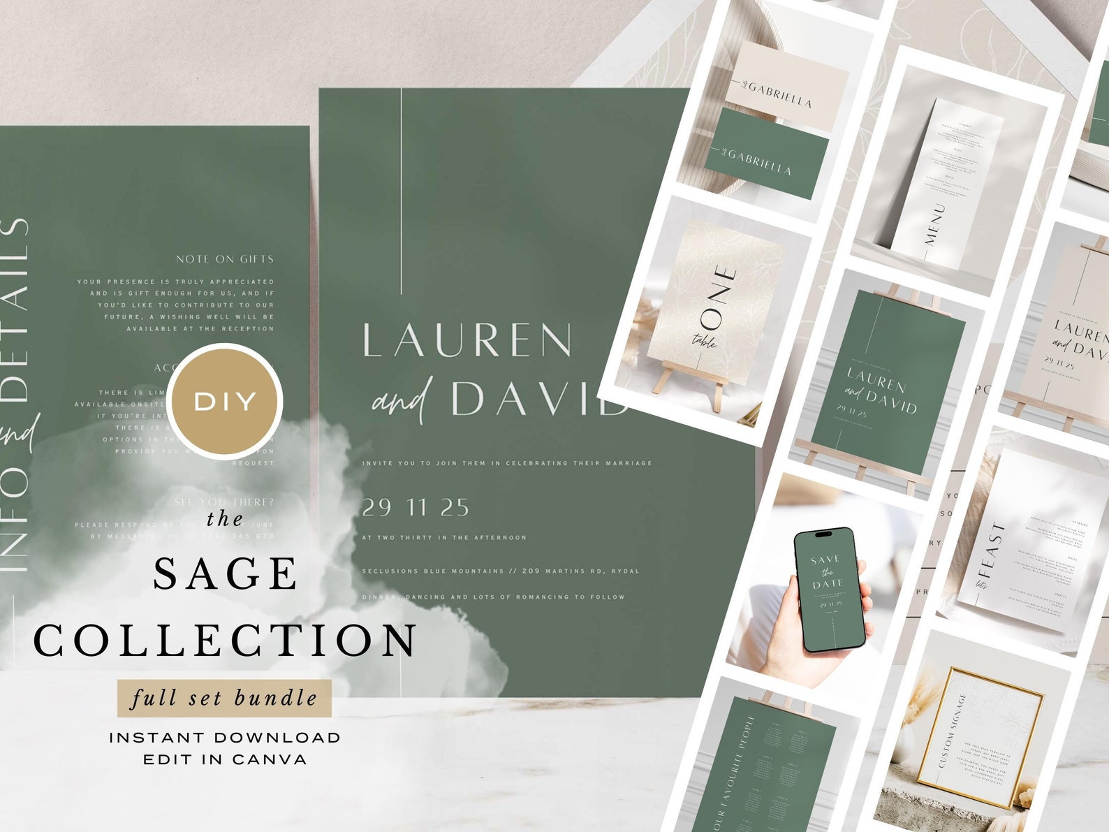 Modern Wedding Bundle, Sage Wedding Invitation Set, Editable Templates ...