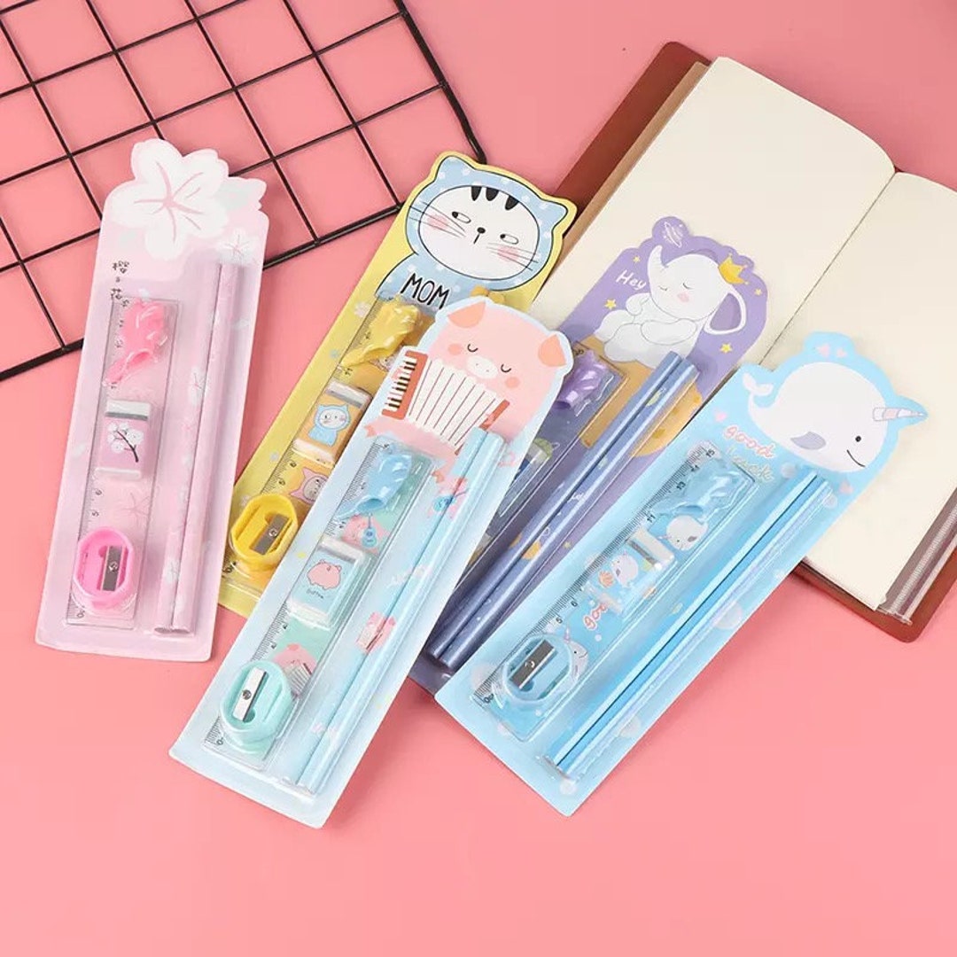 6 Pcs/cute Cartoon Animals 2 Pencils With Eraser, Ruler, Sharpener, Pen ...