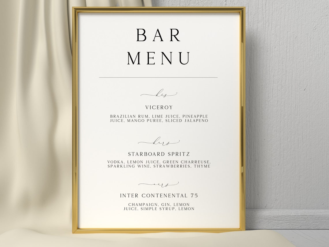 Wedding Bar Menu Printable Digital Download Template Elegant Modern ...