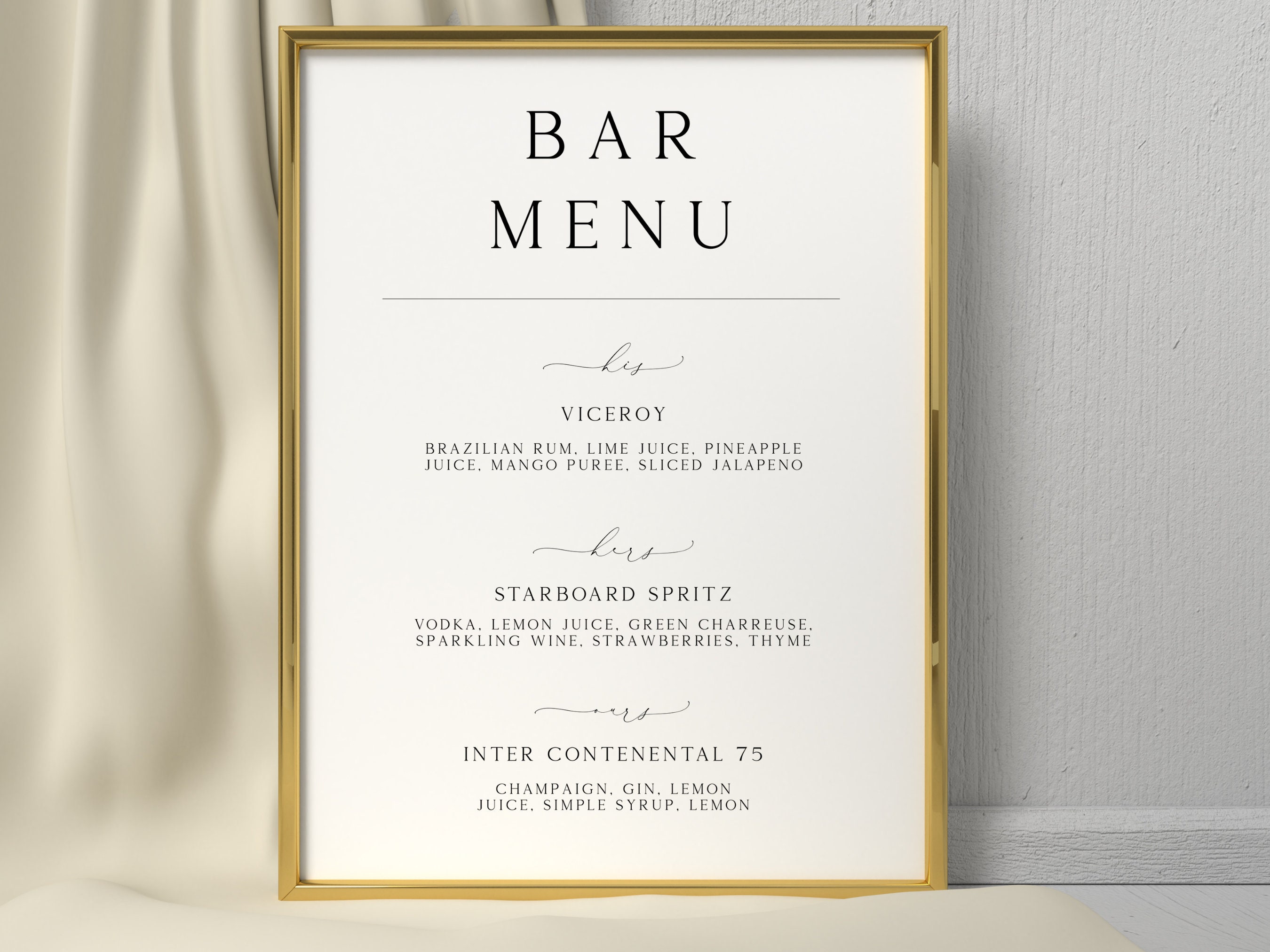 Wedding Bar Menu Printable Digital Download Template Elegant Modern ...