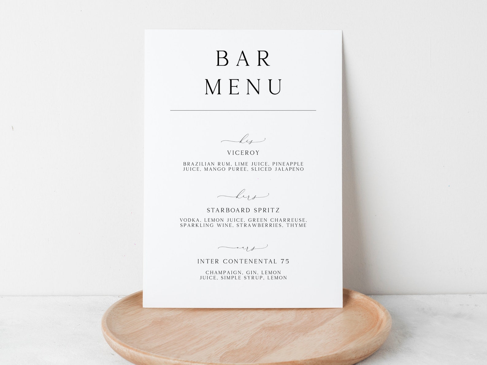 Wedding Bar Menu Printable Digital Download Template Elegant Modern ...