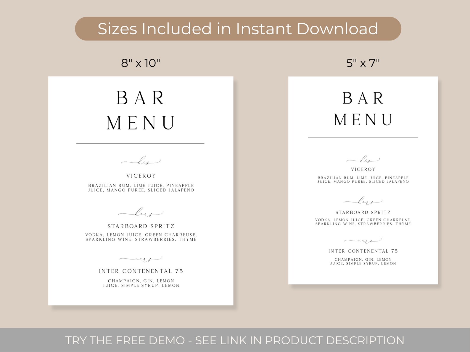 Wedding Bar Menu Printable Digital Download Template Elegant Modern ...