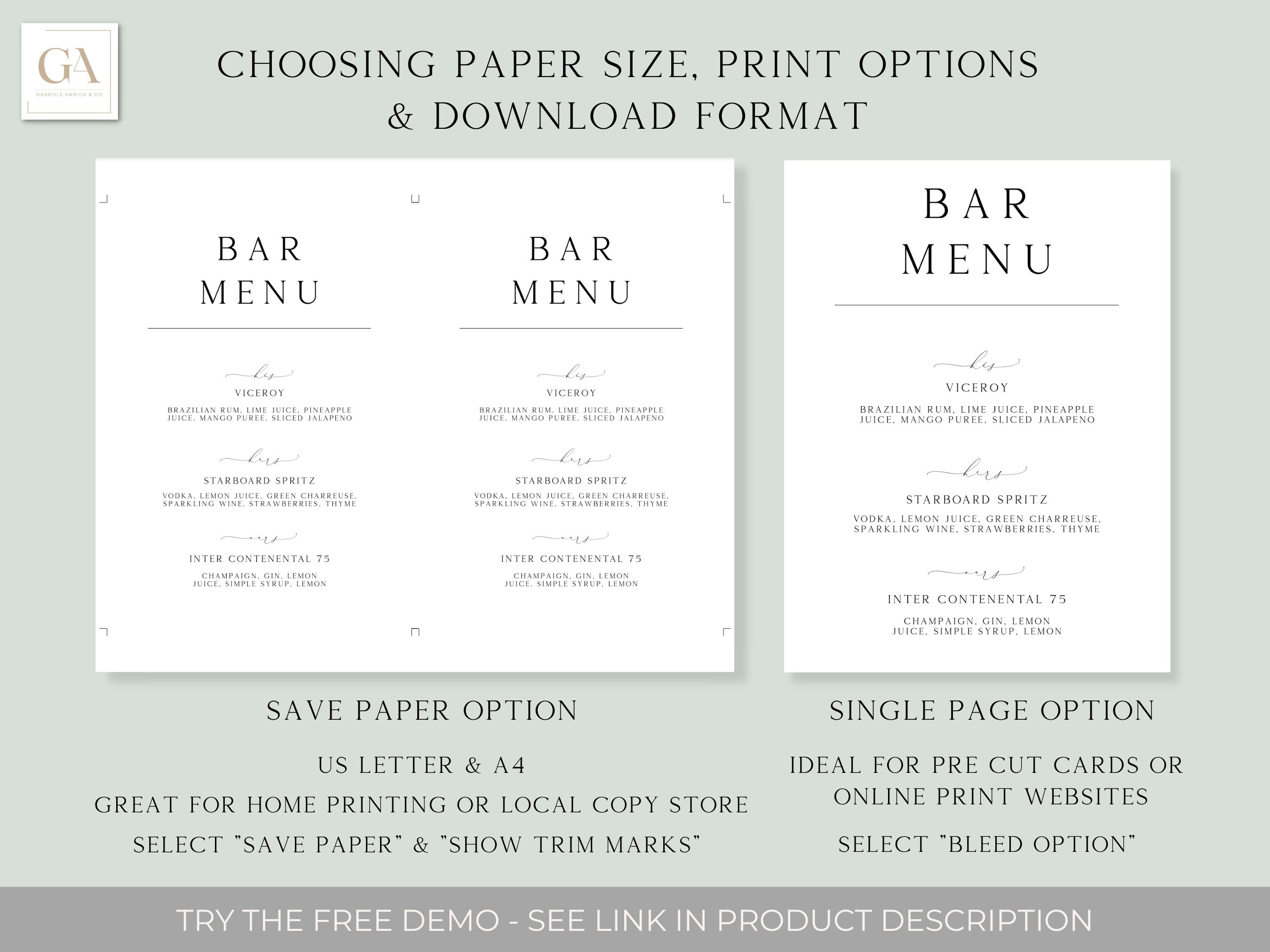 Wedding Bar Menu Printable Digital Download Template Elegant Modern ...