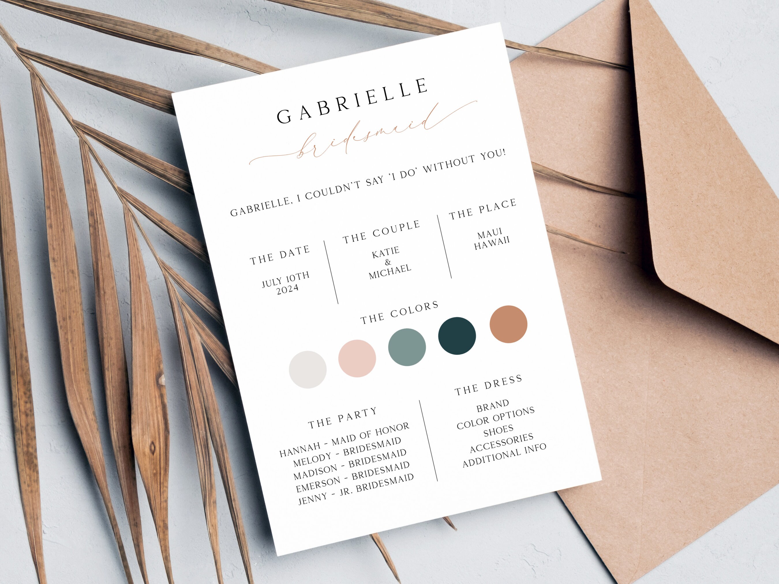 Editable Bridesmaid Information Card, Bridal Party Info, Template ...
