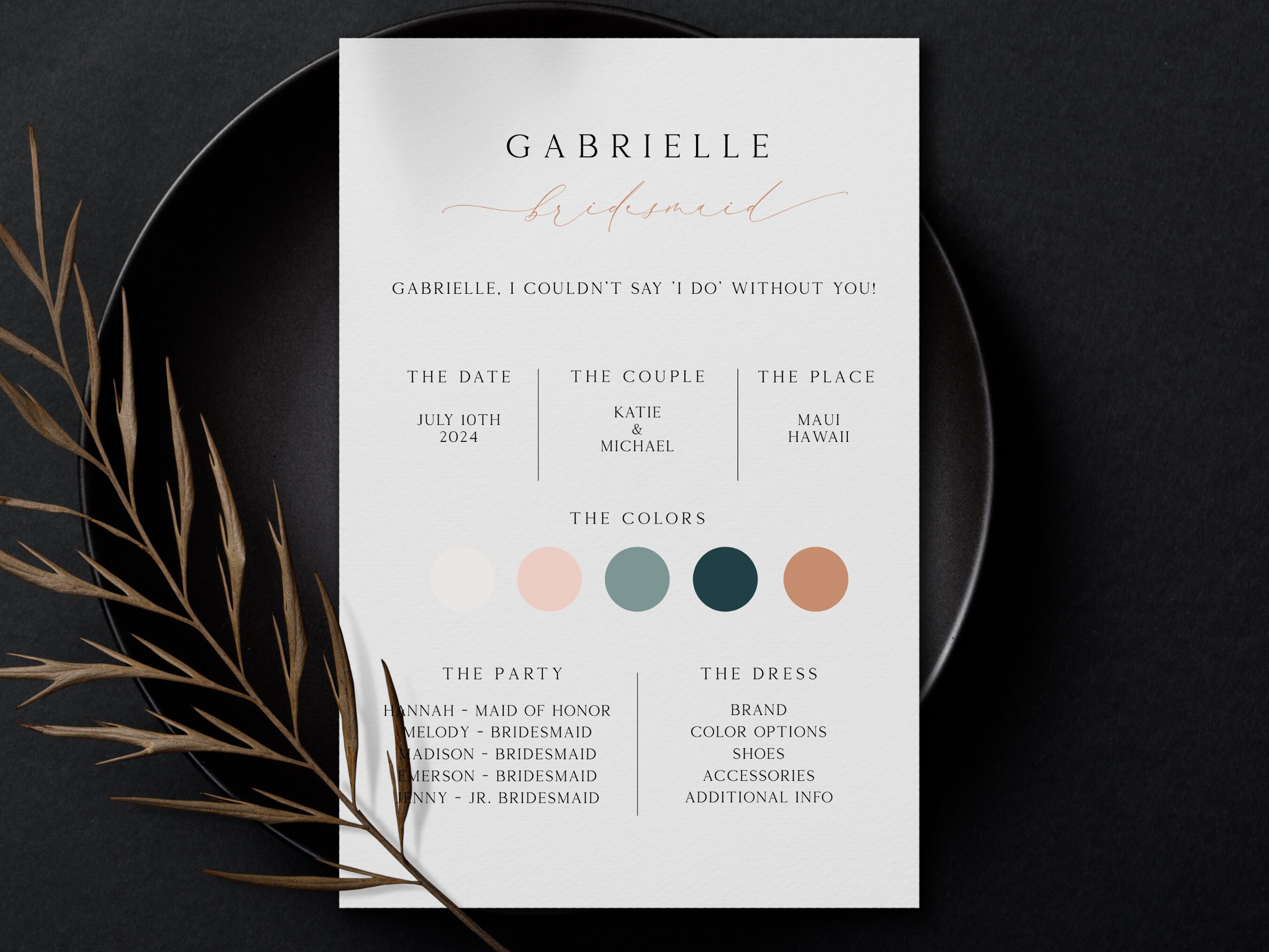 Editable Bridesmaid Information Card, Bridal Party Info, Template ...