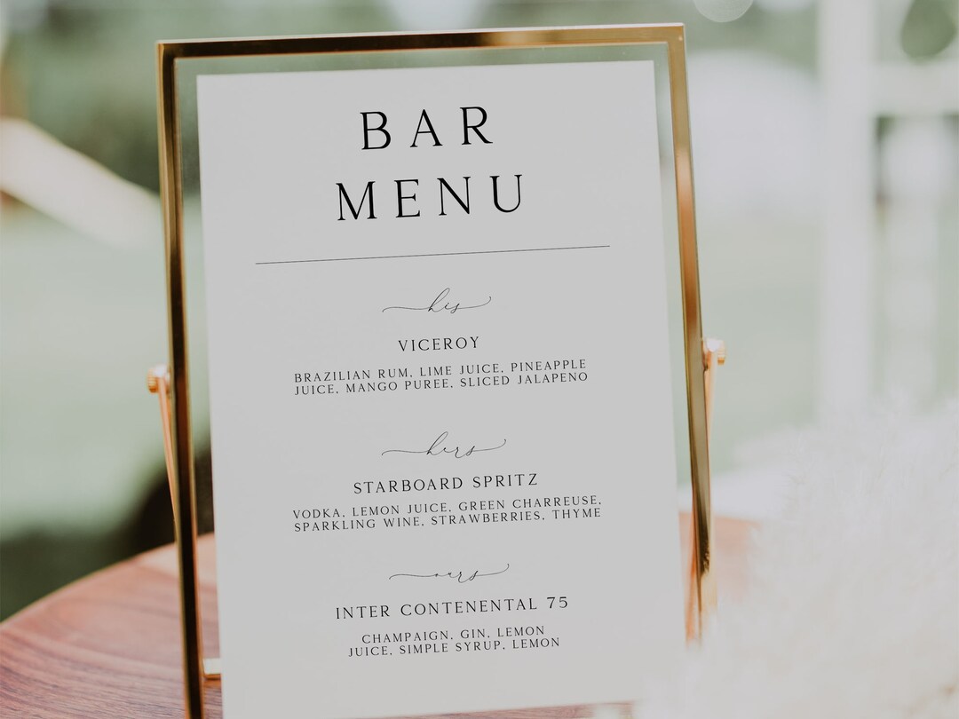 Wedding Bar Menu Printable Digital Download Template Elegant Modern ...