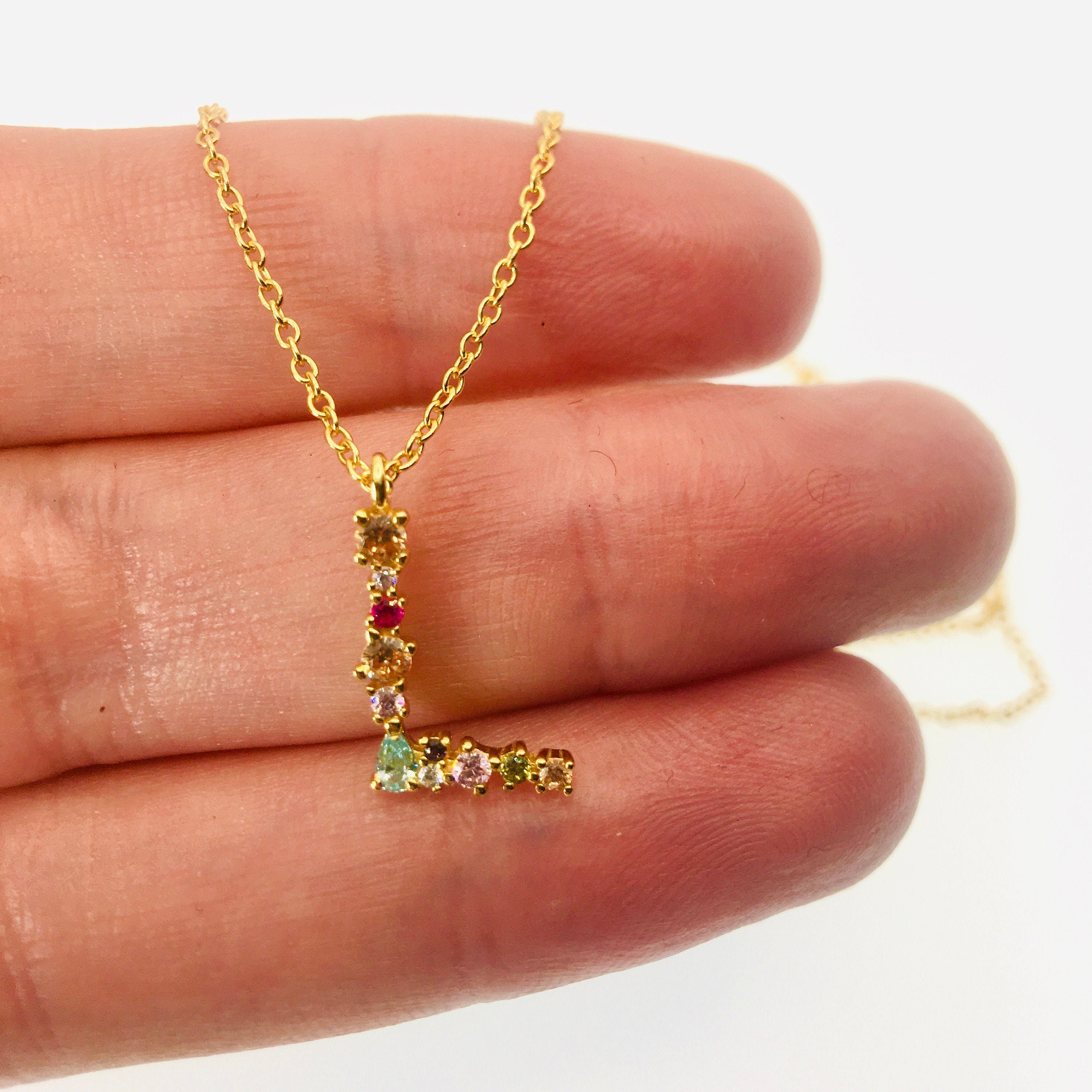 Diamond Stone Necklace, L Diamond Initial Charm Pendant, Cubic Zirconia ...