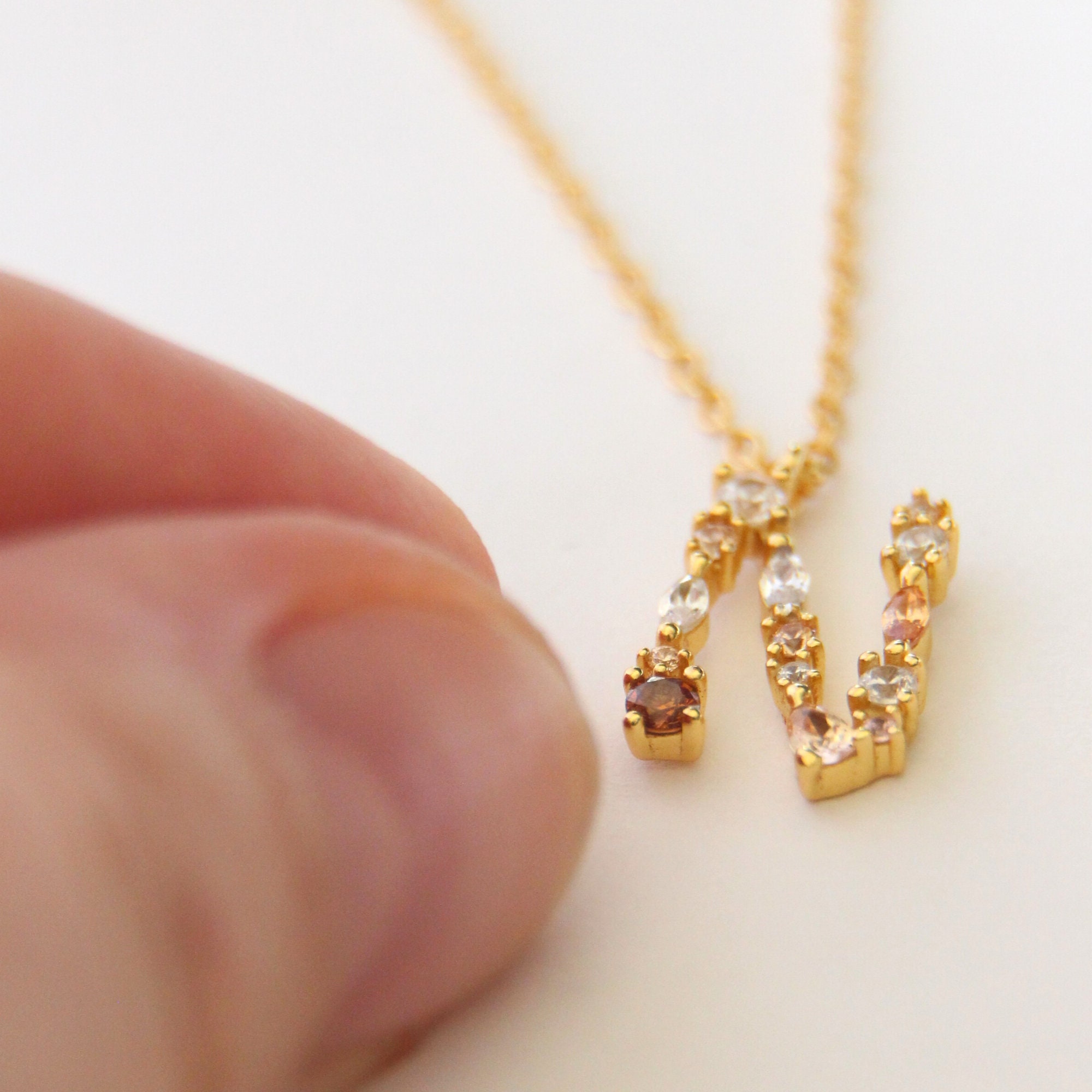 Elegant Rainbow Gemstone N Initial Necklace, Gold Chain Necklace ...