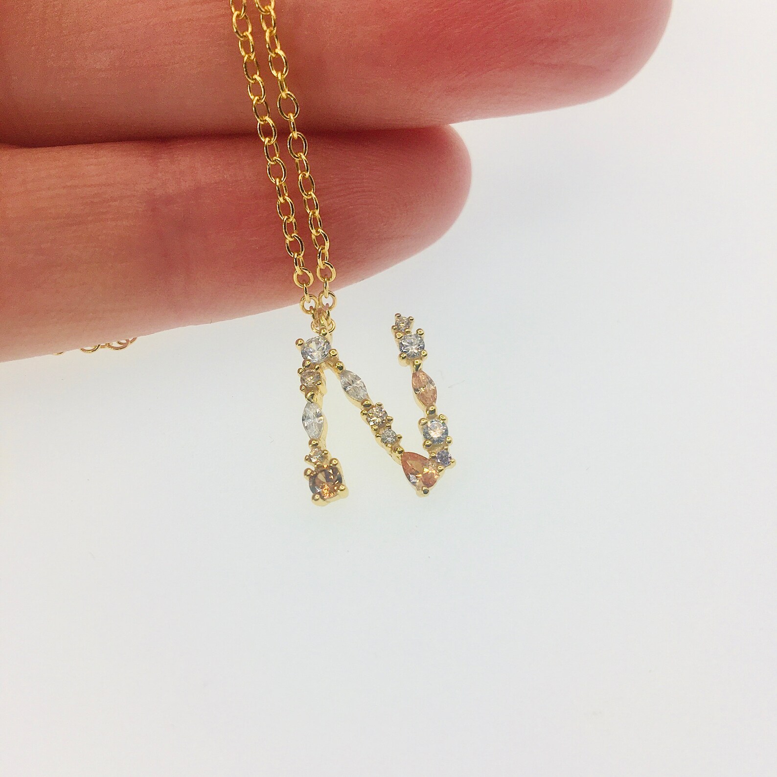Elegant Rainbow Gemstone N Initial Necklace, Gold Chain Necklace ...