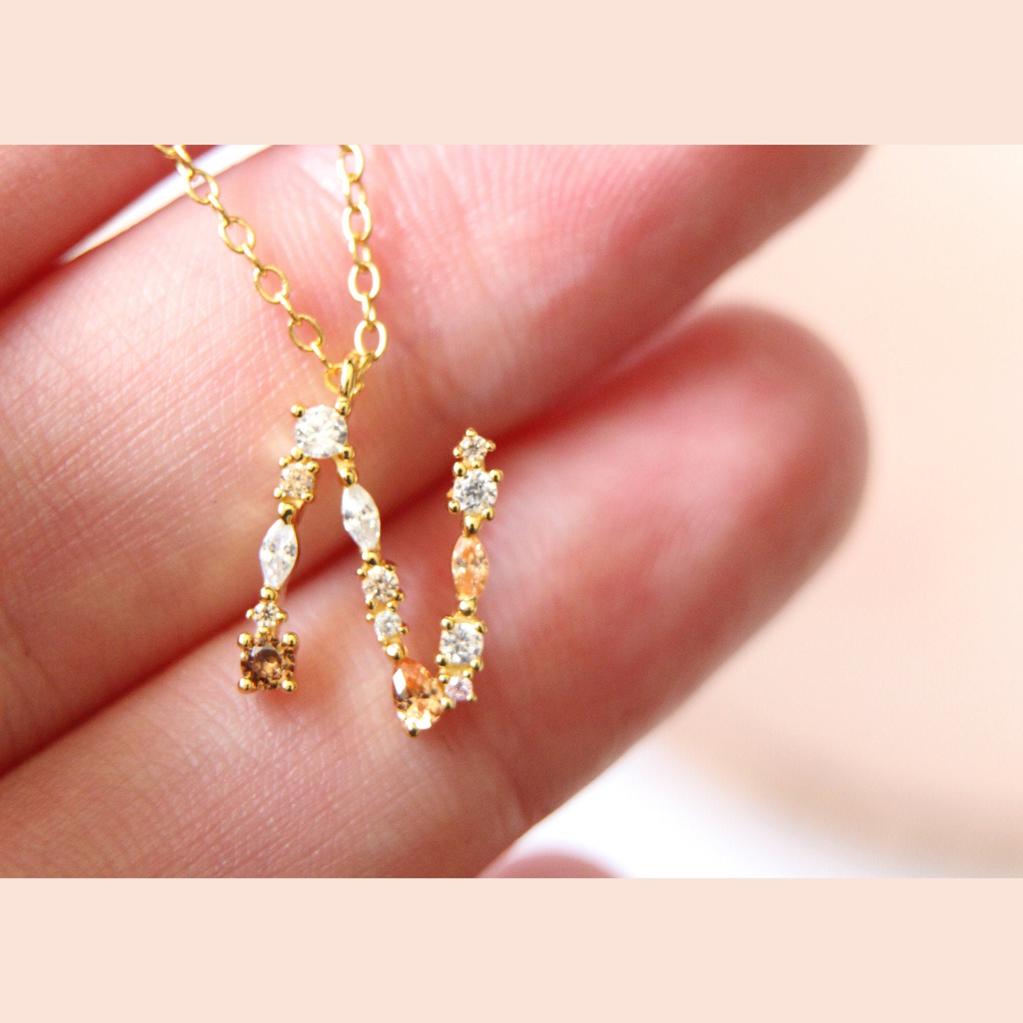 Elegant Rainbow Gemstone N Initial Necklace, Gold Chain Necklace ...