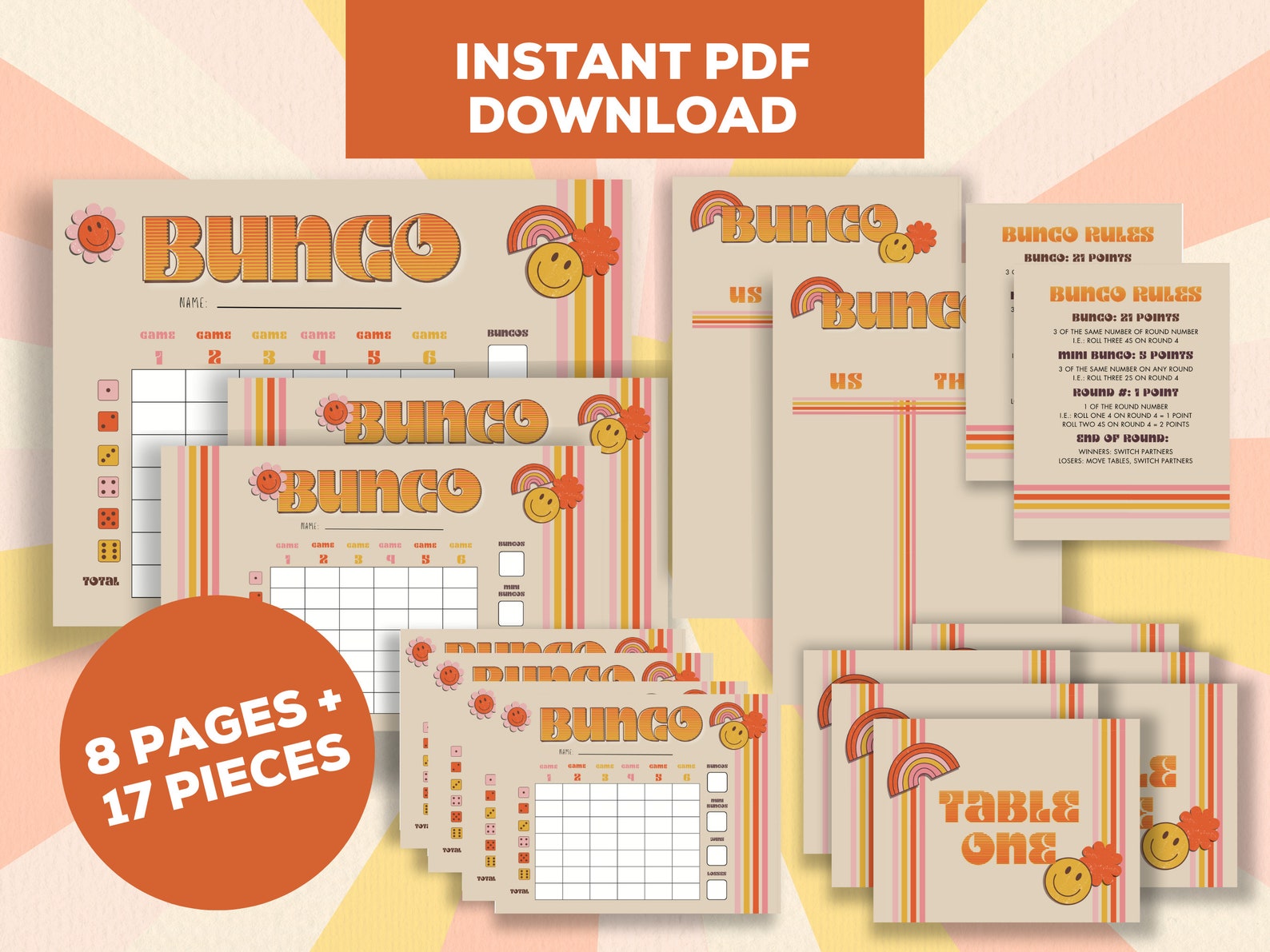 Retro Groovy Bunco Score Cards Printable | Print at Home Game Night ...