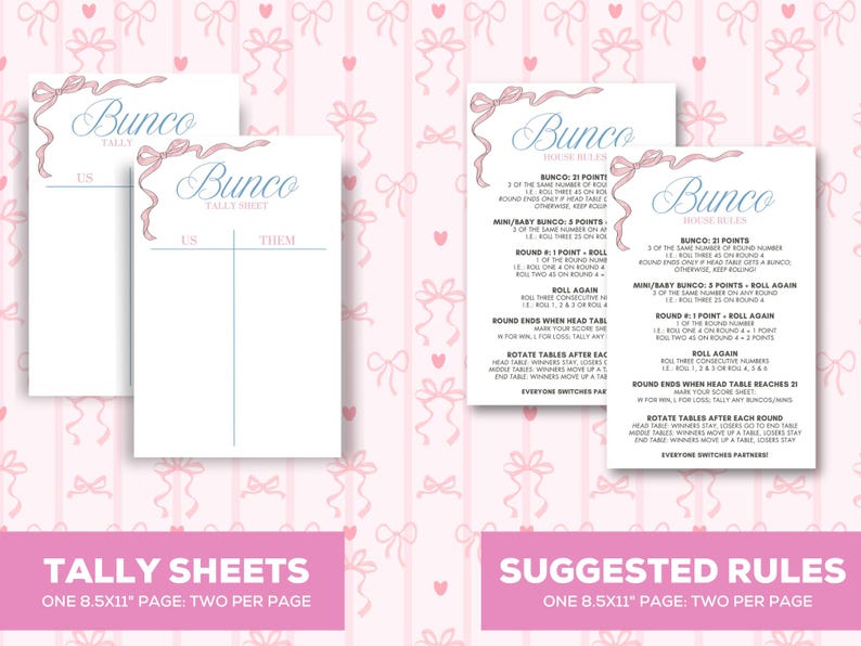 Printable Coquette Bunco Score Cards & Rules - Bows Bunco Shower Game ...