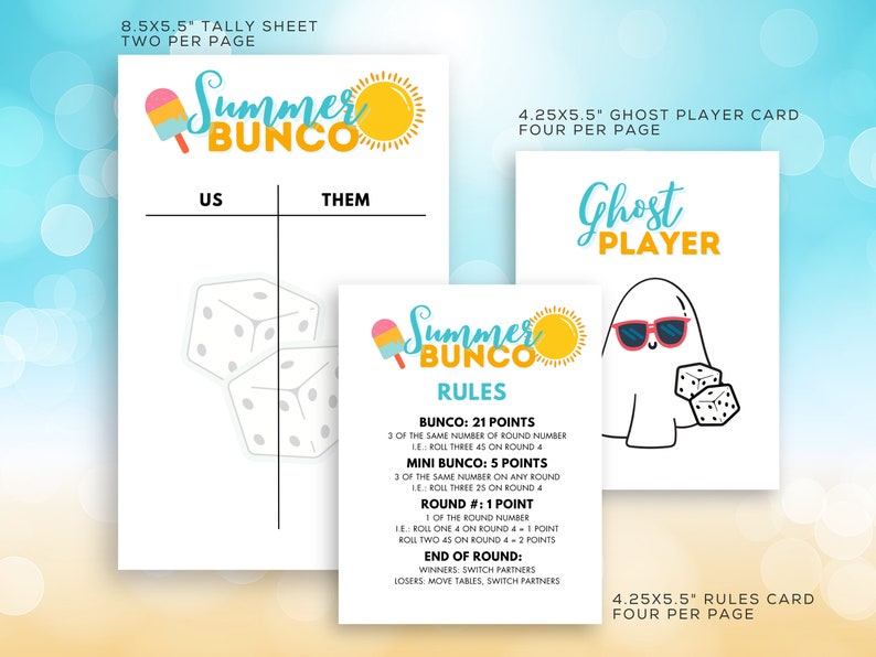 Printable Summer Bunco Score Cards & Rules - Summer Beach Themed ...