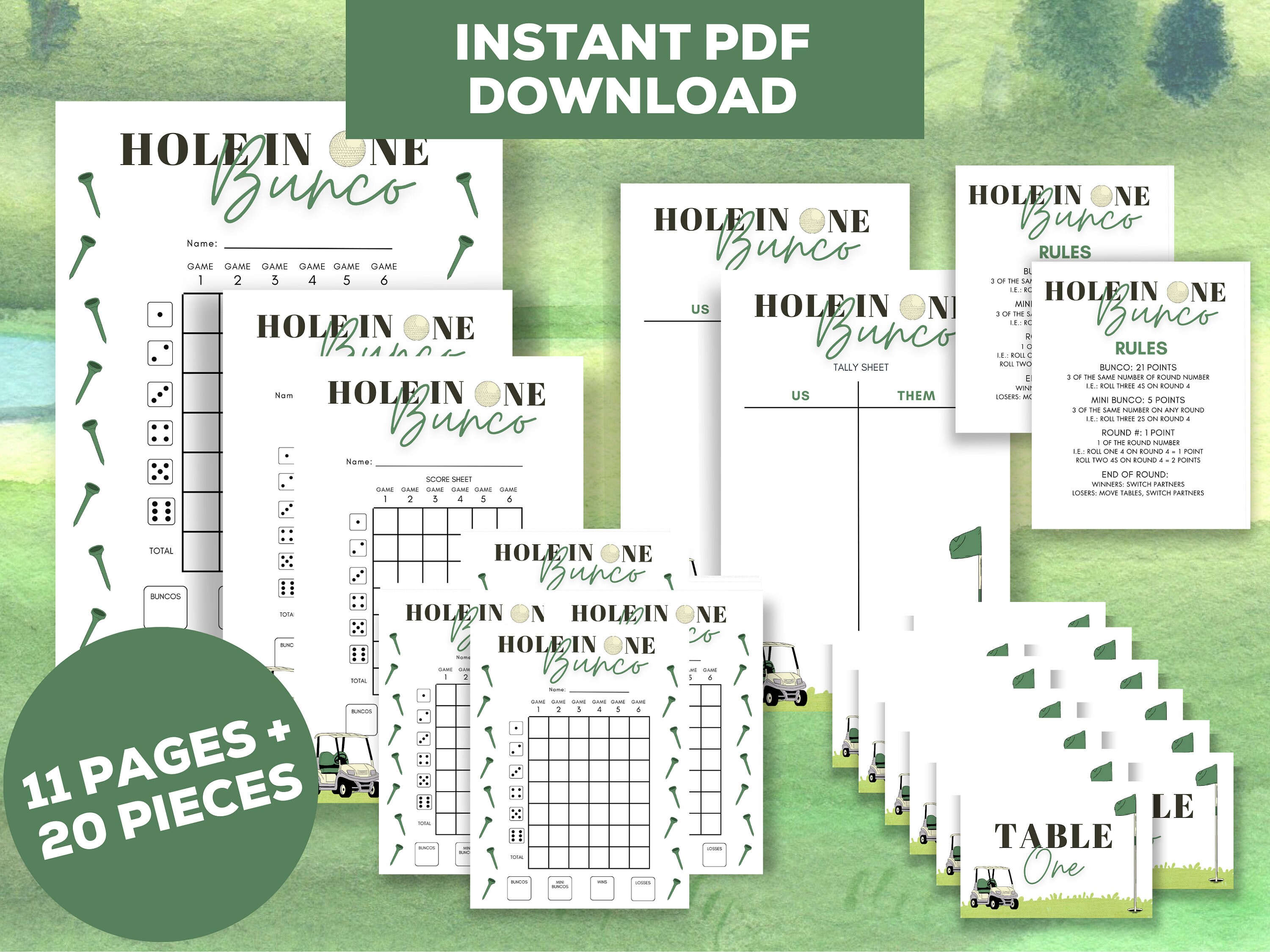 Printable Bunco Game: Hole in One Golf Theme - Scorecards, Tally Sheets ...