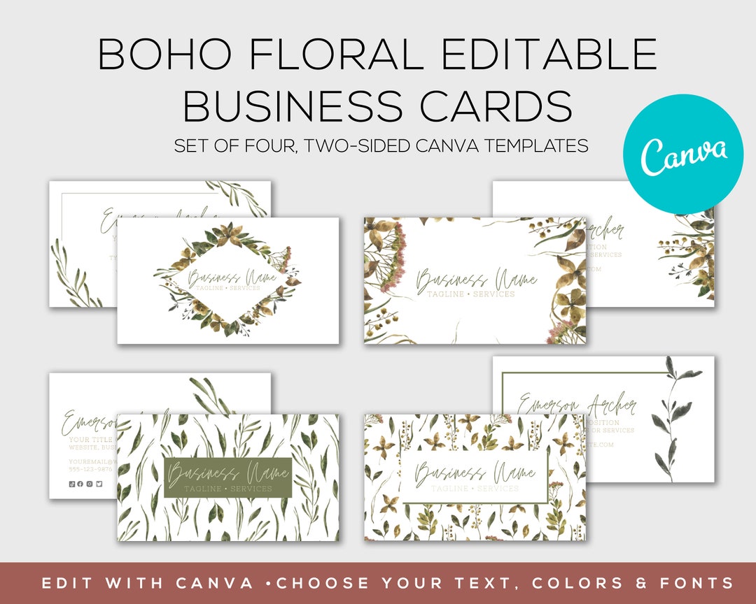 Editable Business Cards Canva Templates Boho Floral Watercolor Theme ...