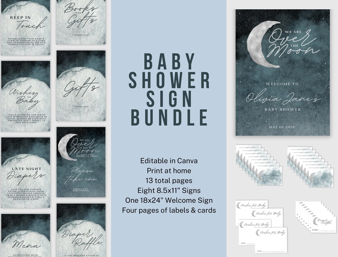 Over the Moon Baby Shower Signs Canva Print at Home Editable Template ...