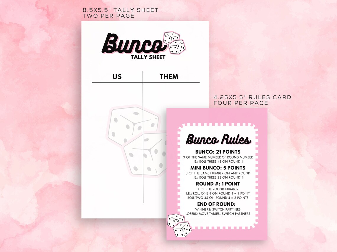 Pink Bunco Game Night Kit: Score Cards, Rules, Tally Sheets (printable ...
