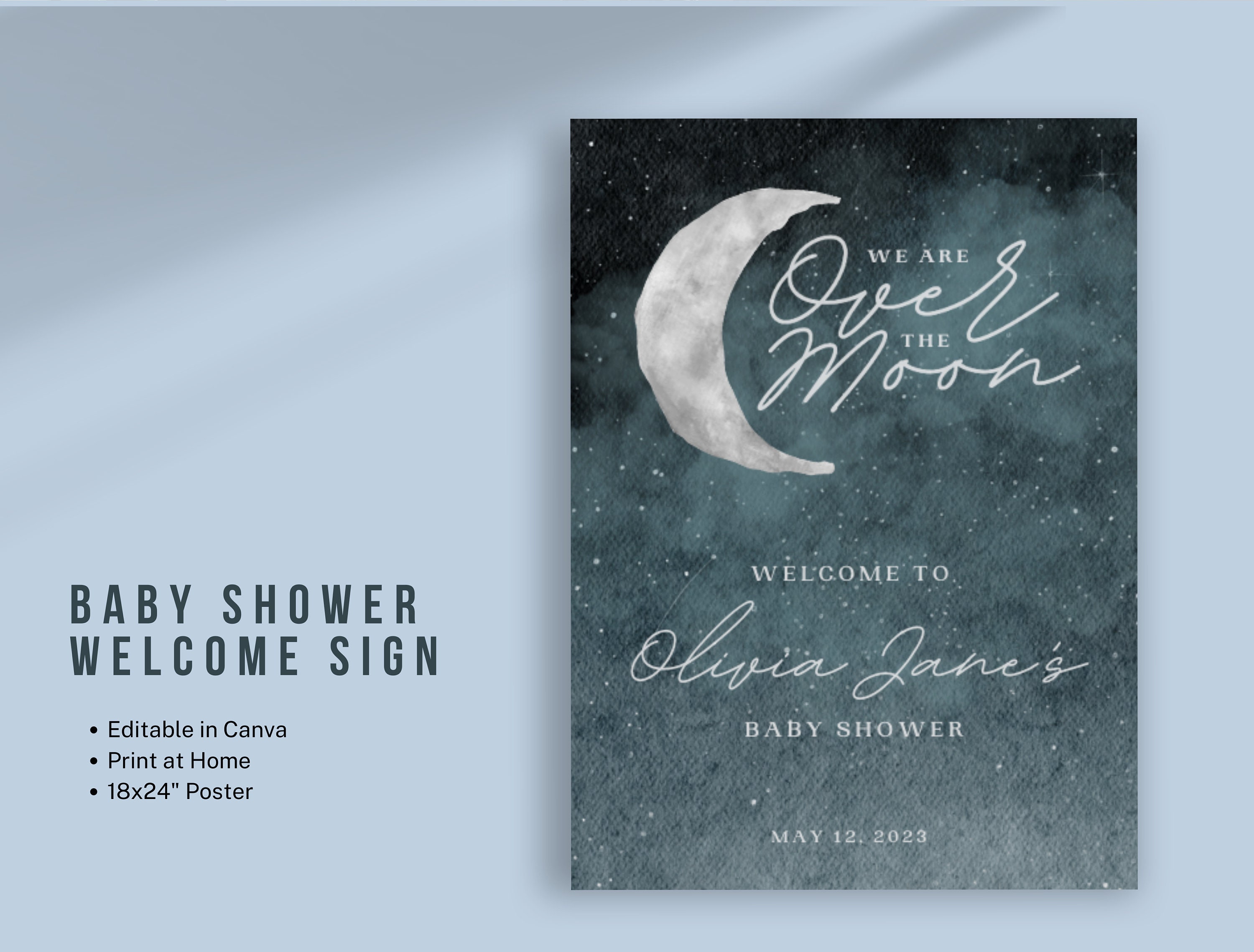 Over the Moon Baby Shower Signs Canva Print at Home Editable Template ...