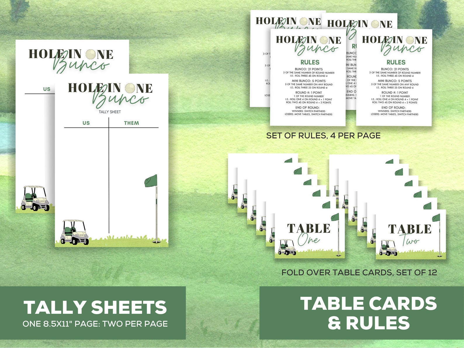 Printable Bunco Game: Hole in One Golf Theme Scorecards, Tally Sheets ...
