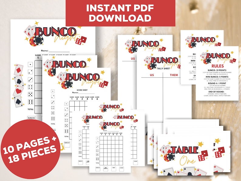 Casino Printable Bunco Score Cards & Rules - Digital Download for Fun ...