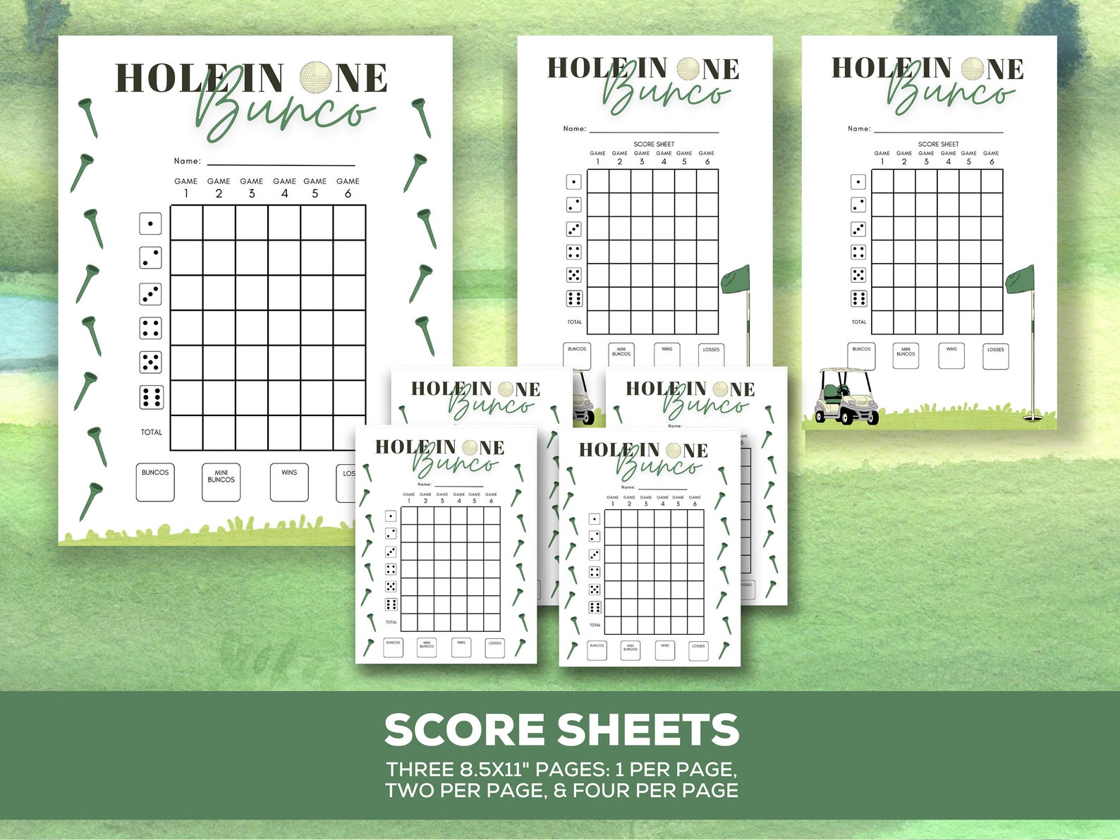 Printable Bunco Game: Hole in One Golf Theme - Scorecards, Tally Sheets ...
